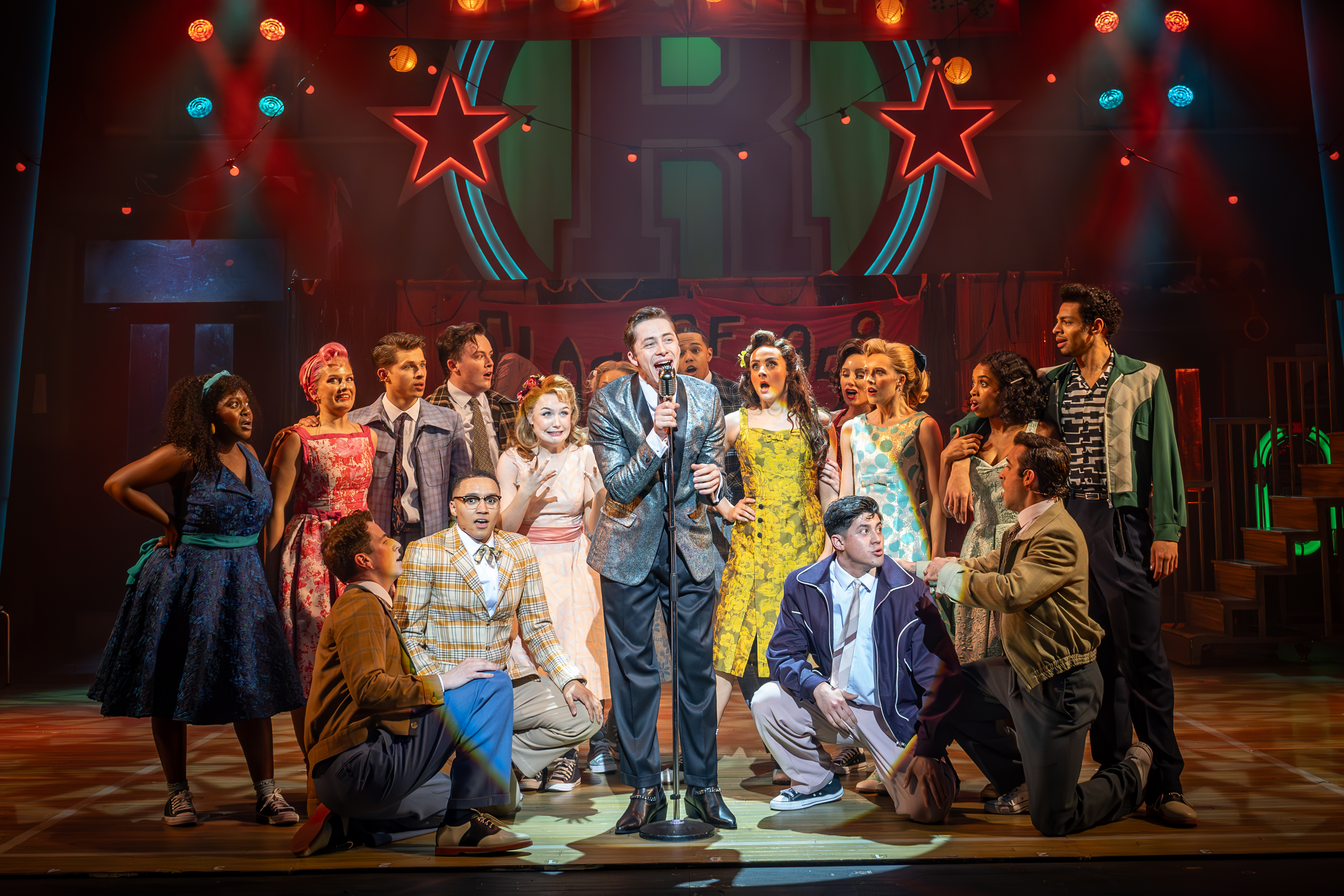 Adam Davidson (centre) & cast in GREASE UK & Ireland Tour. Credit Marc ...